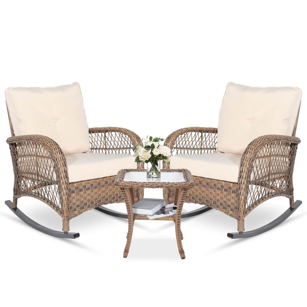 MEETWARM 3 Pieces Outdoor Wicker Rocking Chair Set, Patio Conversation ...
