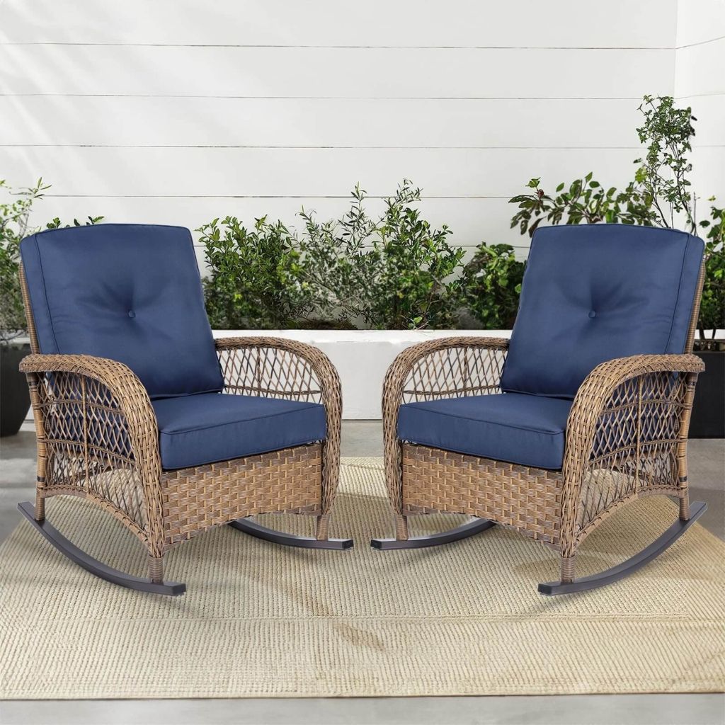 MEETWARM Outdoor Wicker Patio Rocking Chair Cushioned Rattan Rocker ...