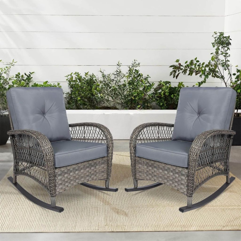 MEETWARM Outdoor Wicker Patio Rocking Chair Cushioned Rattan Rocker ...